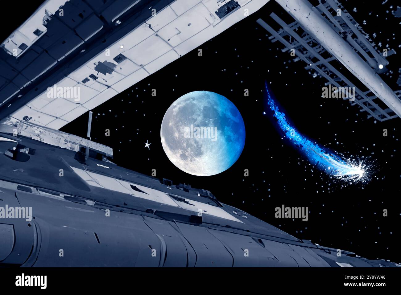 A spaceship passes the moon, a huge comet with white and blue light can ...