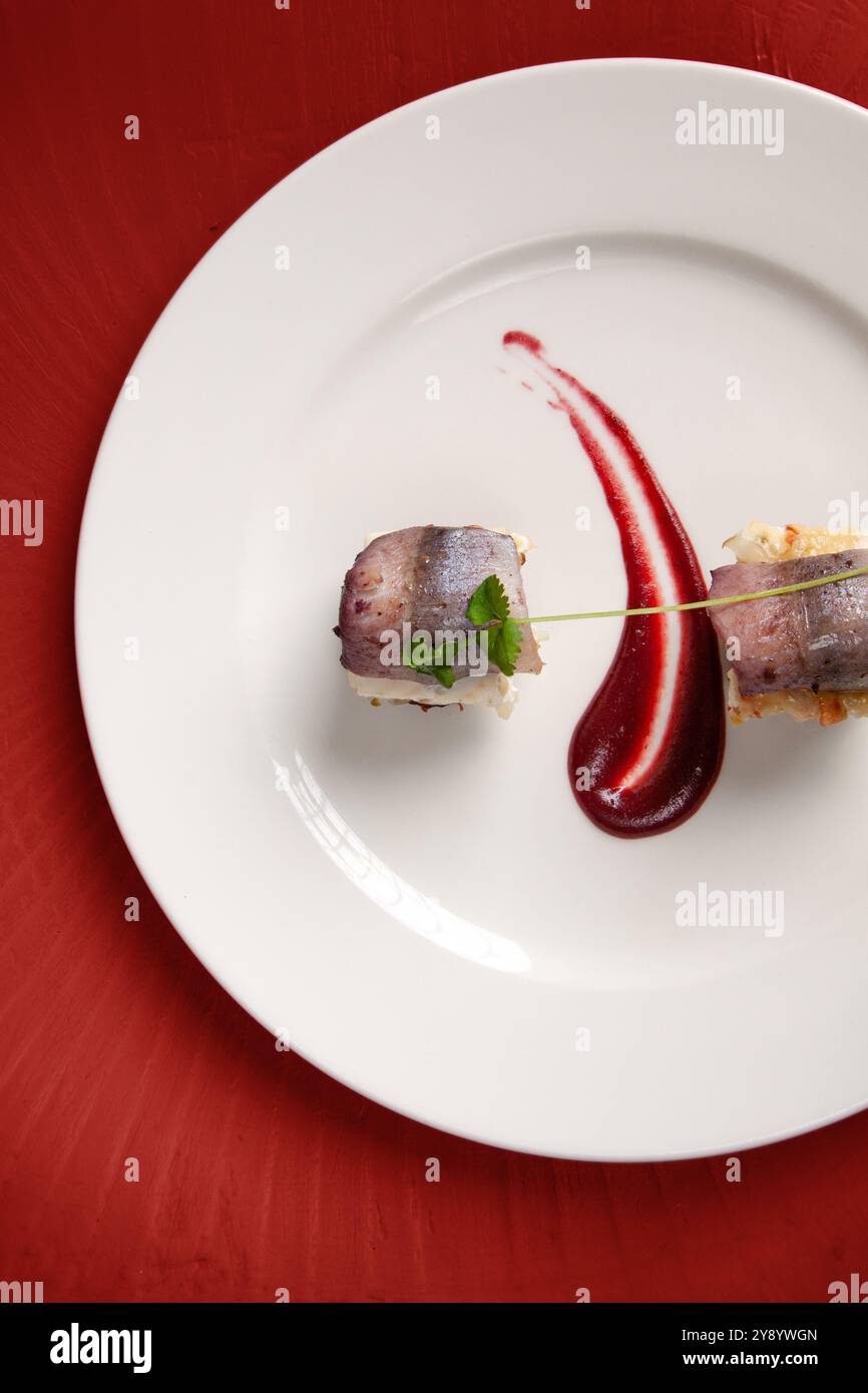 Gourmet pickled herring appetizer at fine dining Polish restaurant ...