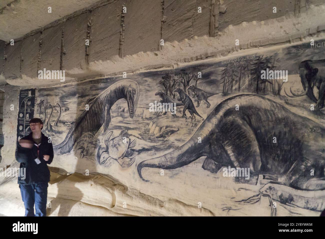 Charcoal mural of a prehistoric scene and Mosasaurus dinosaur, Grotte ...