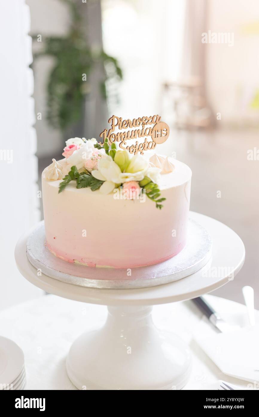 Elegant First Communion Cake with Floral Decoration and Wooden Topper ...