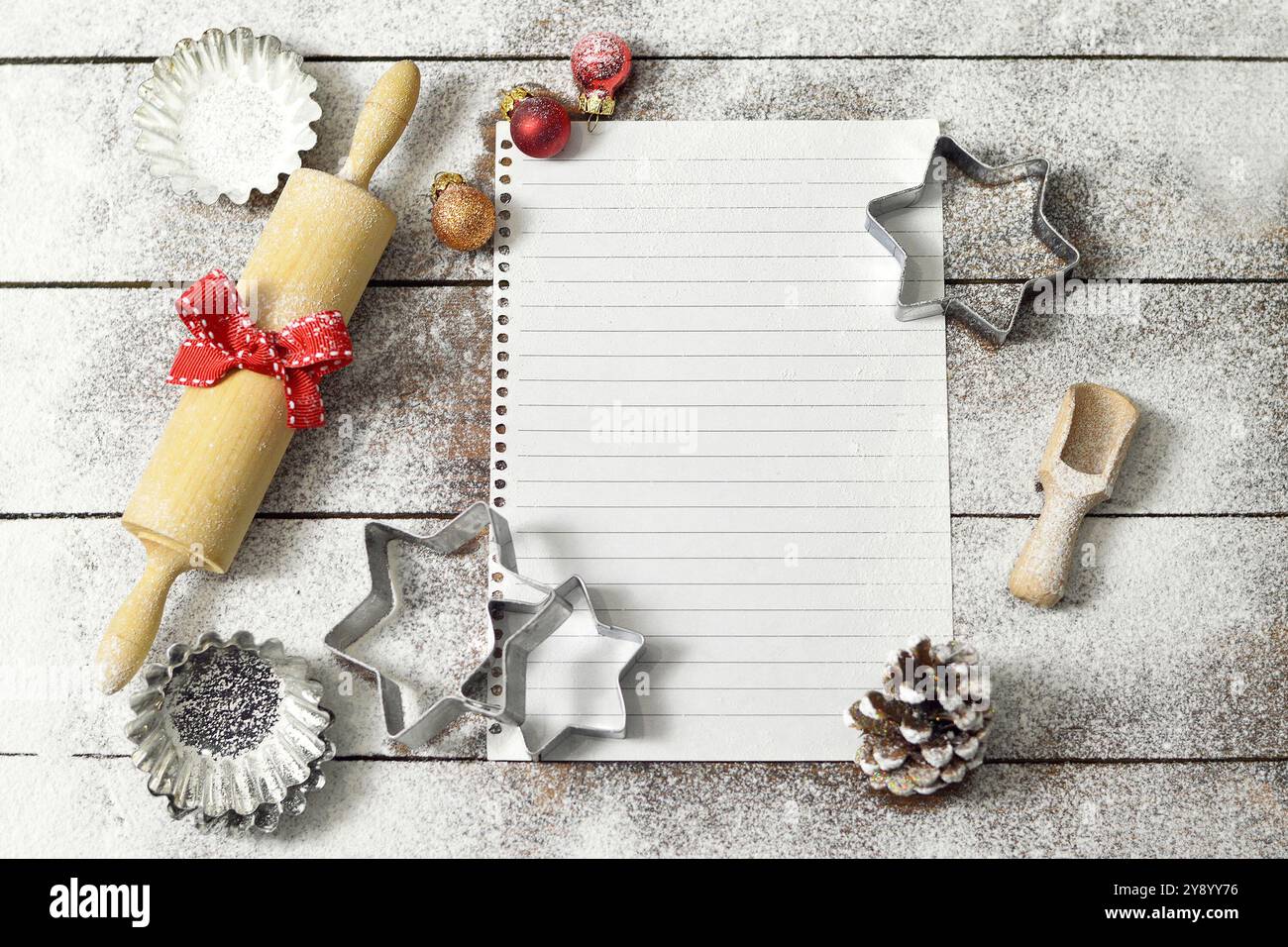 Christmas baking background with copy space. Blank recipe paper and ...