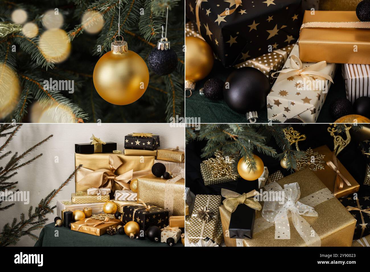 Collage of Christmas backgrounds, tree branches and black and gold gift ...