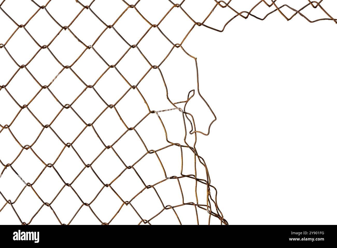 The texture of the metal mesh. Torn, destroyed, broken metal mesh on a ...