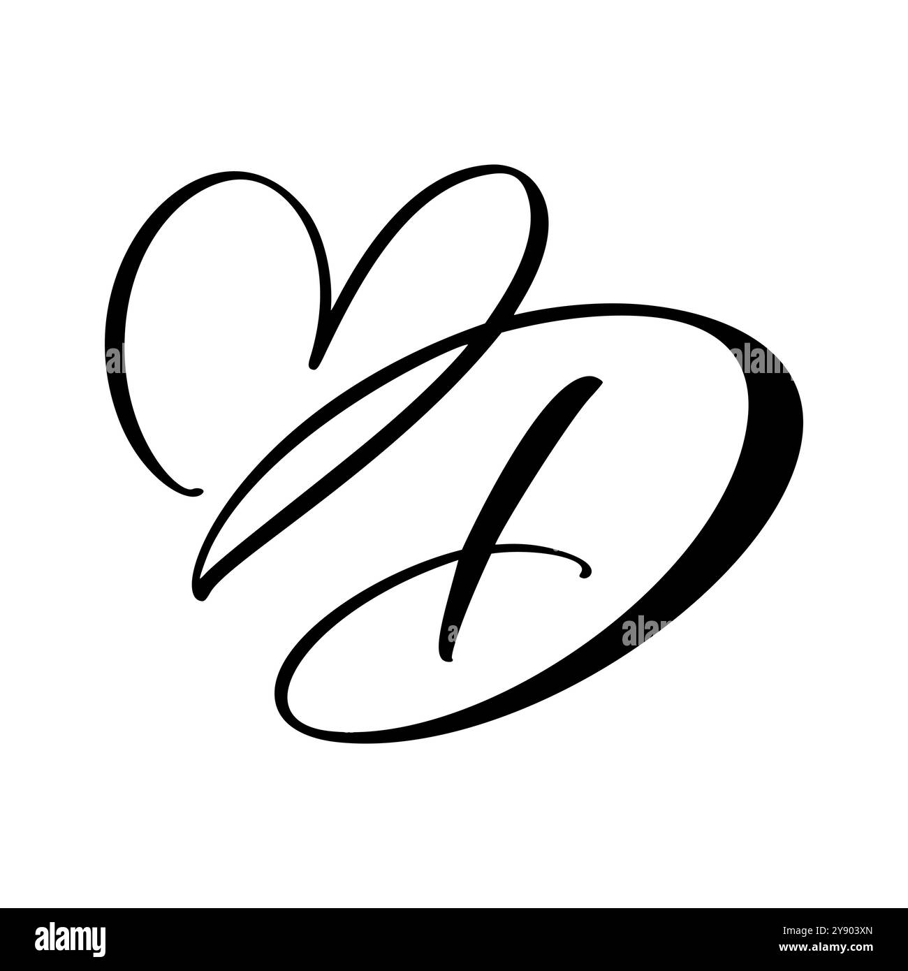 Calligraphy hand drawn vector love letter D. Vintage heart monogram. Script capital font logo ...
