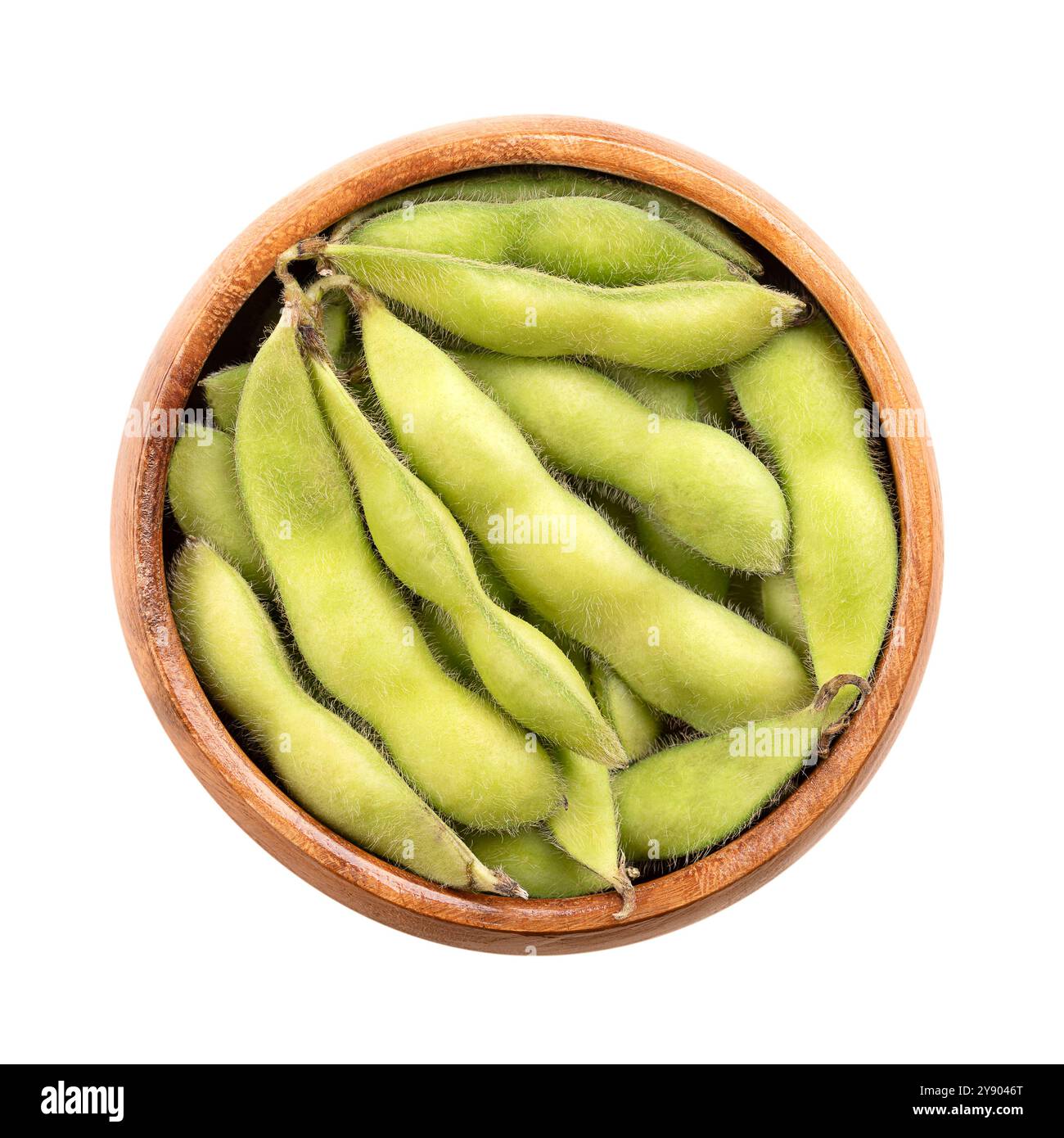 Fresh edamame, green soybeans in the pod, in a wooden bowl. Raw ...