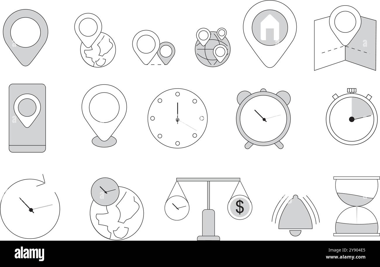 Line icons about location, time and date. Contains such icons as clock ...