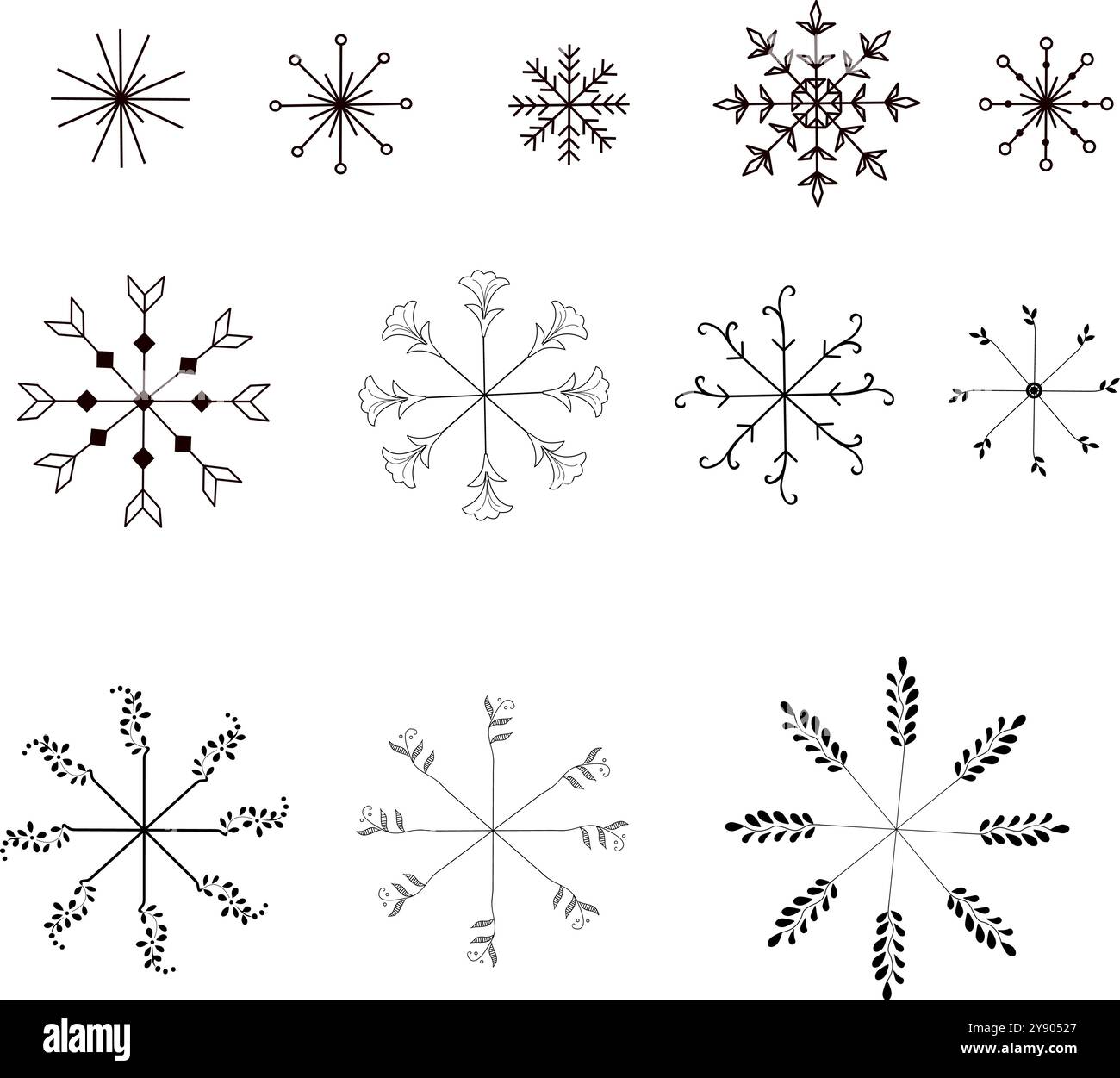 Snowflakes doodle drawing vector. Collection hand drawn snowflakes isolated on white background ...