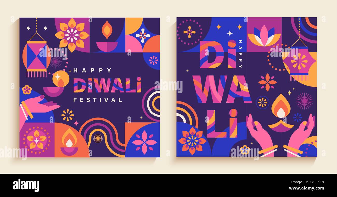 Set Diwali festival cards with holiday symbols Stock Vector Image & Art ...