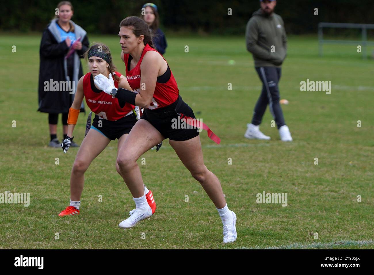 Female flag football defensive rushers in action at the Pantherbowl ...