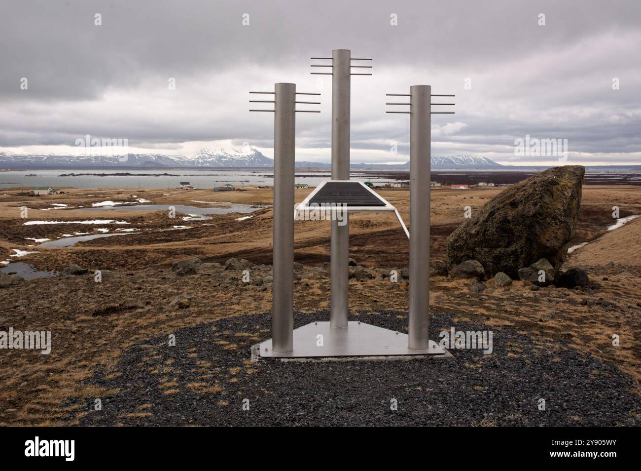 Lake Myvatn, north Iceland. The steel monument in the foreground is ...