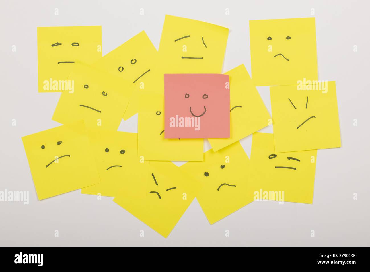 Multiple Yellow Sticky Notes with Hand-Drawn Faces Showing Mixed ...