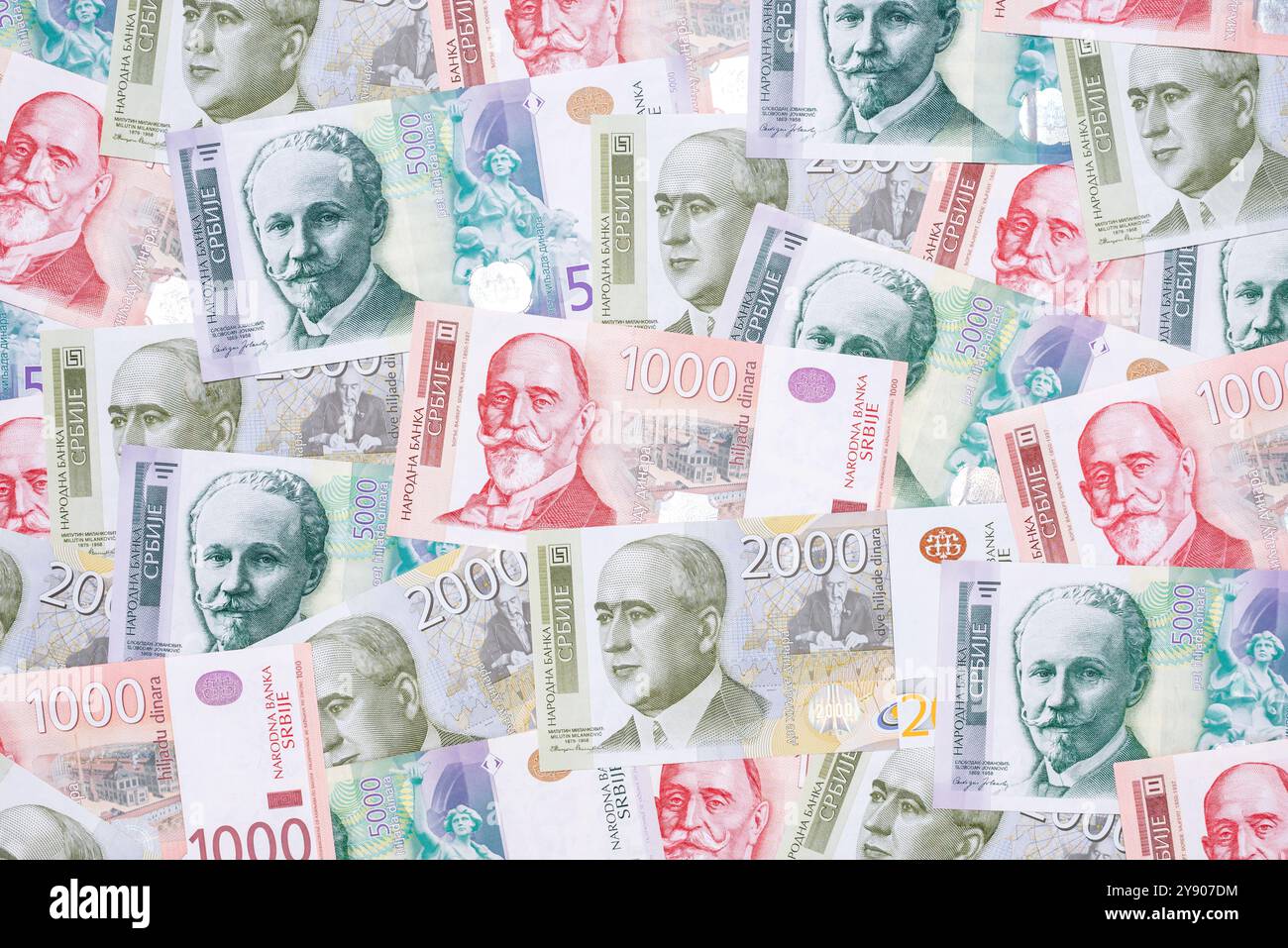 A heap of Serbian dinar paper currency, 1000, 2000 and 5000 dinars ...