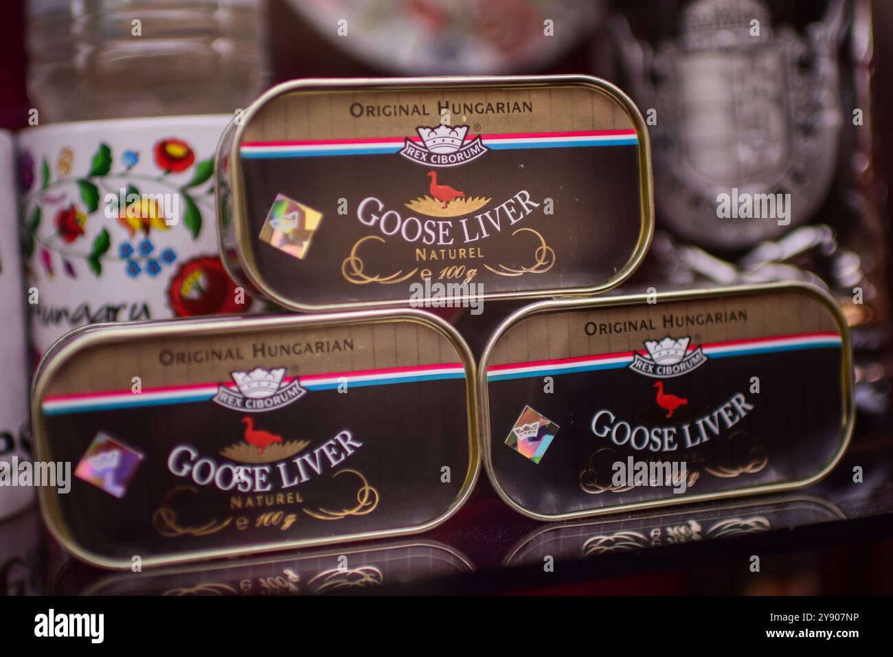 Original Hungarian Goose Liver cans in store display window Stock Photo ...