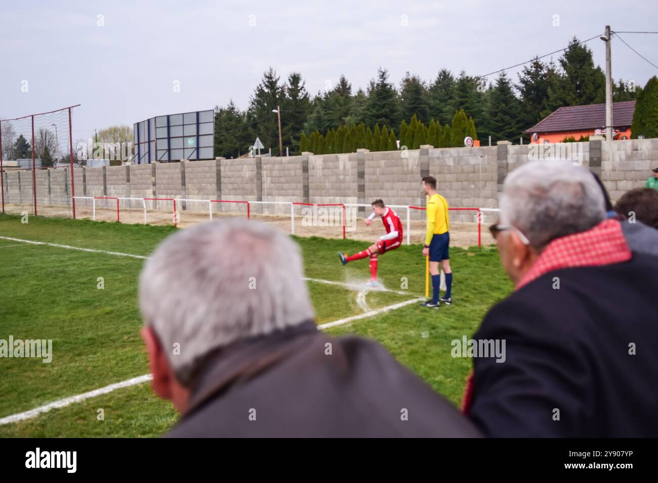 Corner kick during soccer youth game in small town of Hungary Stock ...