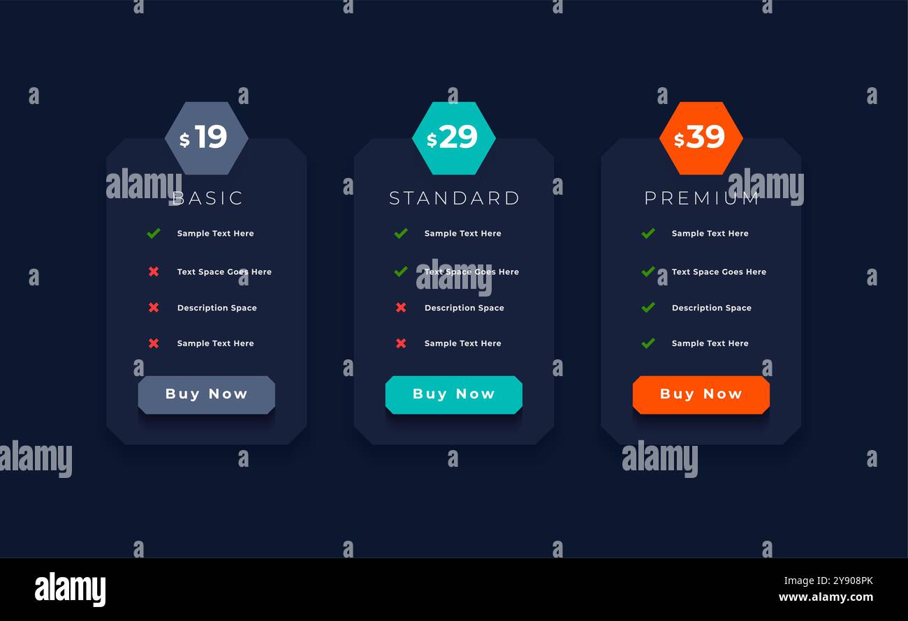 three column pricing chart table layout for web menu or tariff vector ...