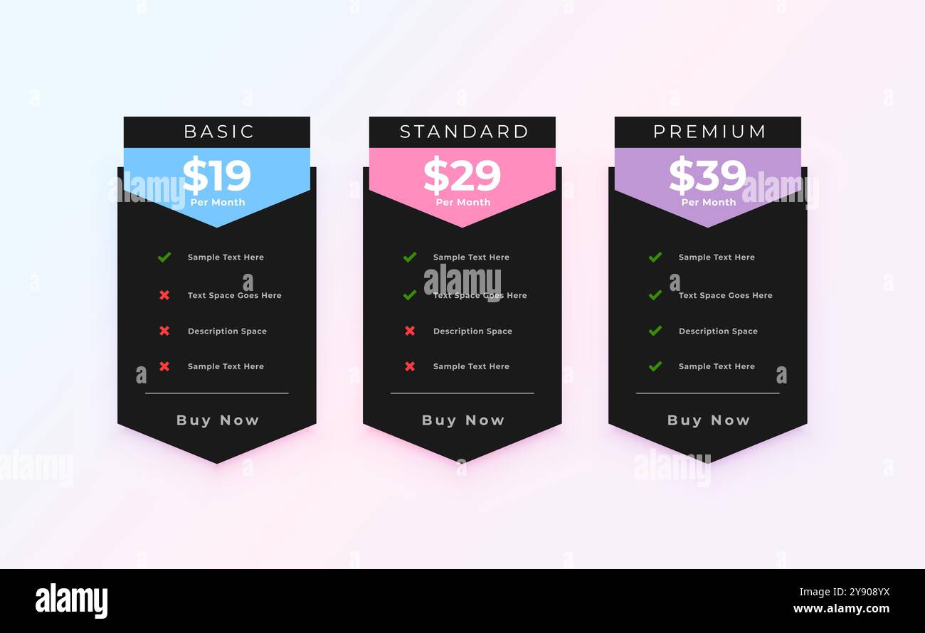 three option subscription pricing plan table layout design vector Stock ...