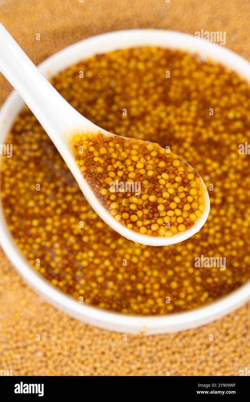 Traditional French Dijon mustard in a spoon on a white background Stock ...