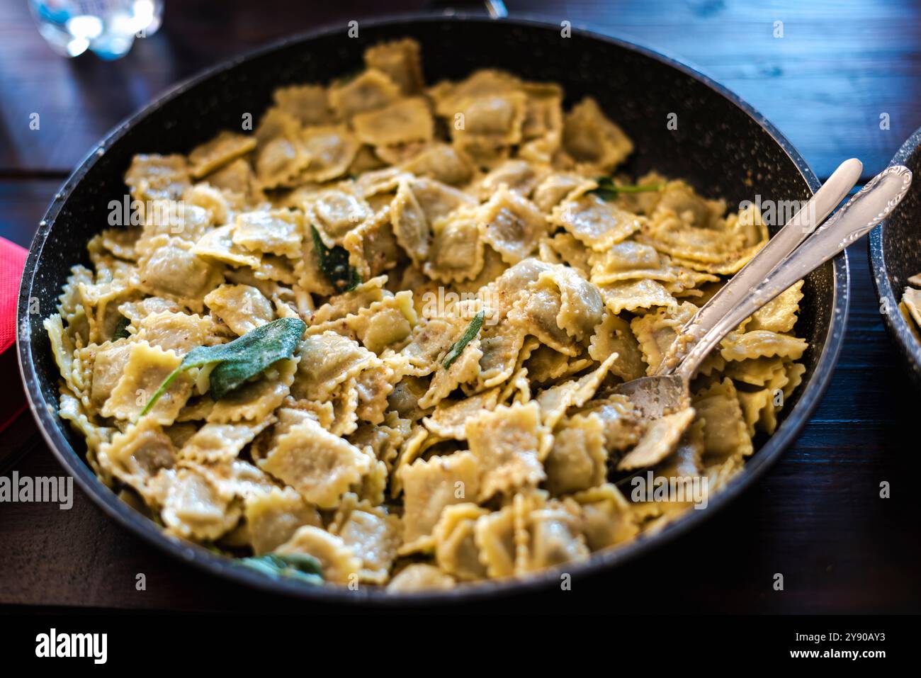 Traditional pan of Ravioli burro e salvia, butter and sage, a Sunday ...