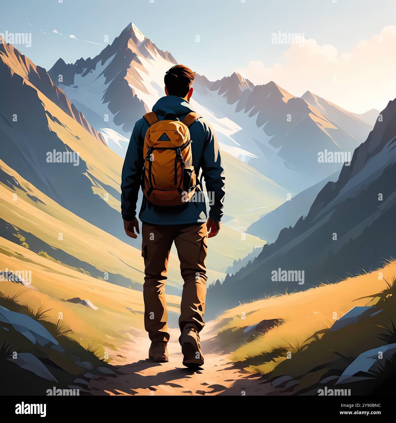Solo Mountain Hiker Cartoon Adventure Backpacking Journey Scenic ...