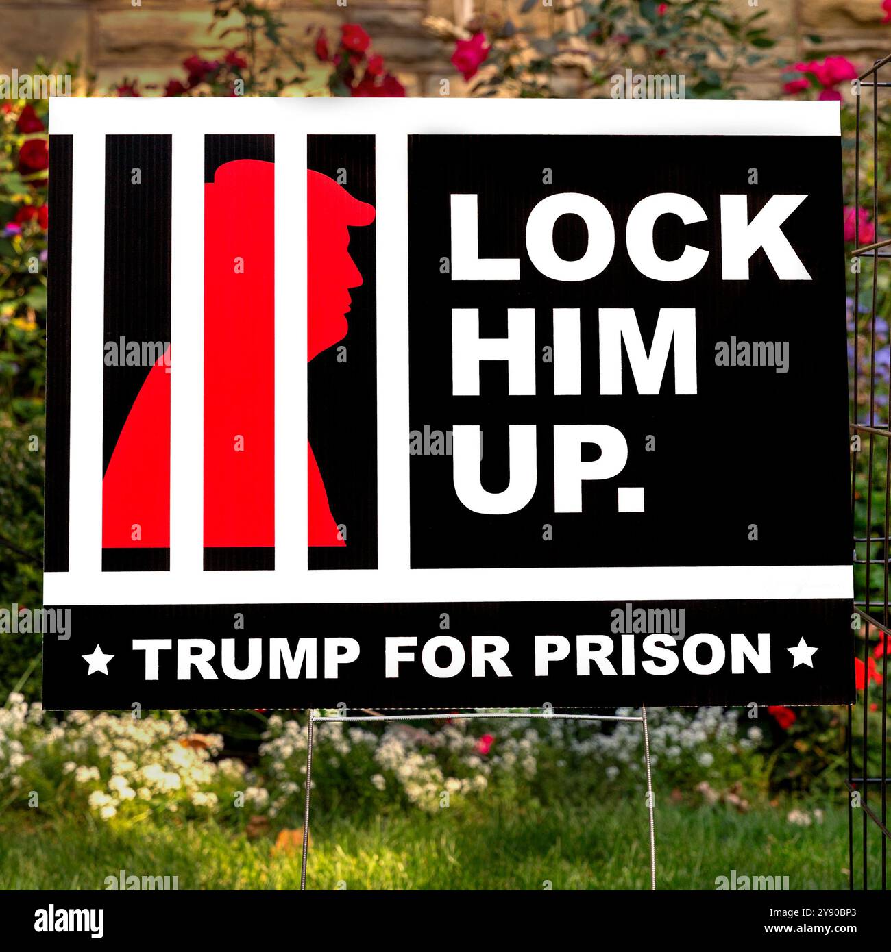 A 2024 anti-Donald Trump yard sign with the statements of, “Lock Him Up ...