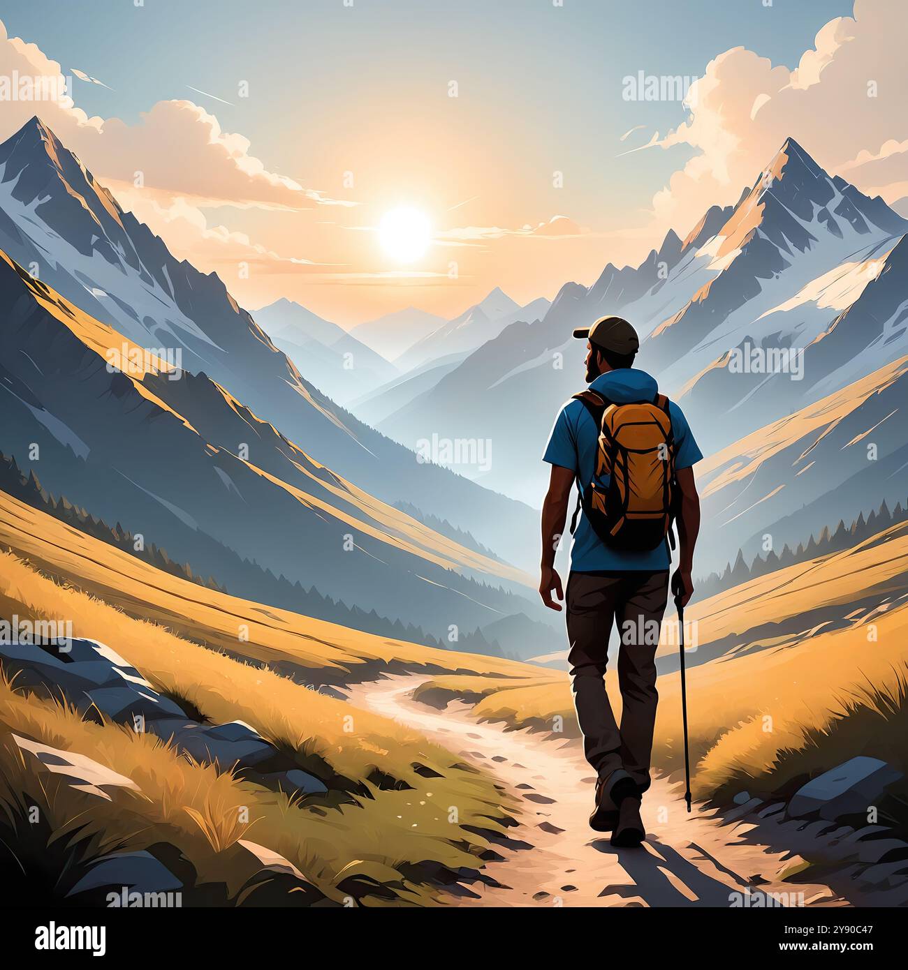 Solo Mountain Hiker Cartoon Adventure Backpacking Journey Scenic ...