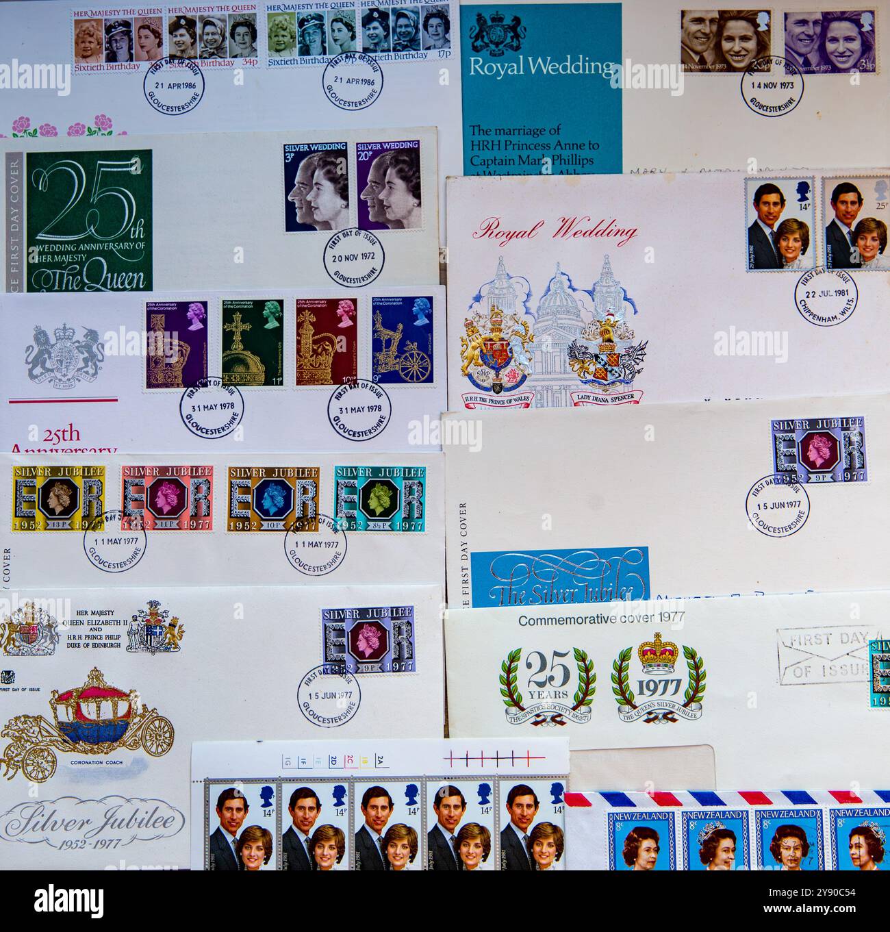 A collection of colorful British commemorative stamps and first day ...