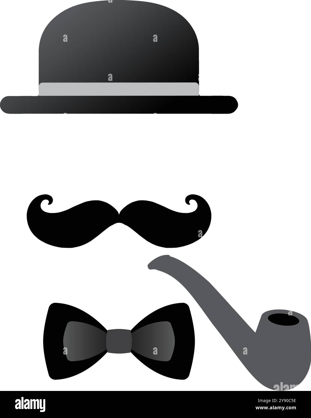 Silhouette of hat, mustache, pipe and bow tie on white background Stock ...