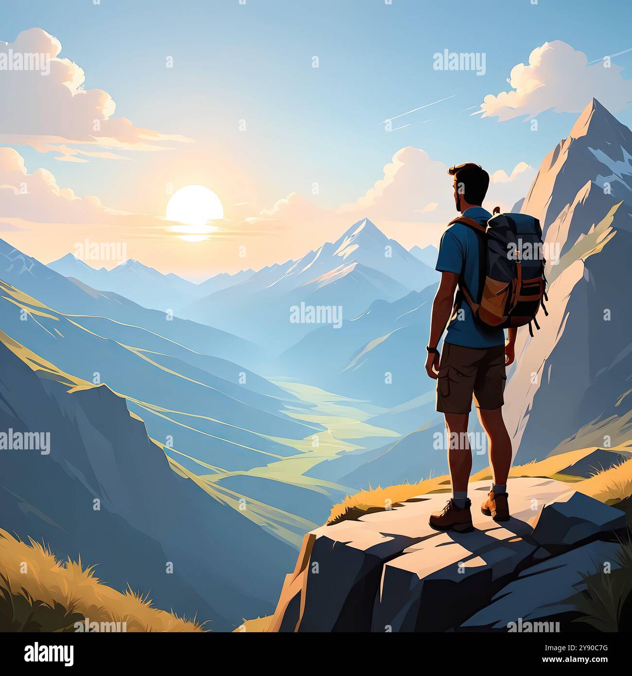 Solo Mountain Hiker Cartoon Adventure Backpacking Journey Scenic ...