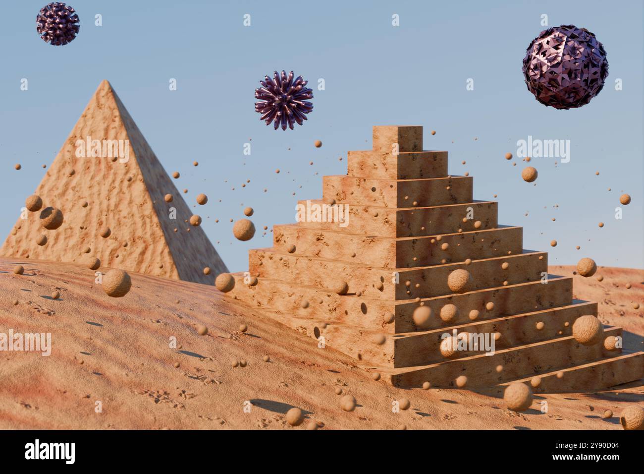Digital artwork of pyramids with floating spheres, representing a blend ...