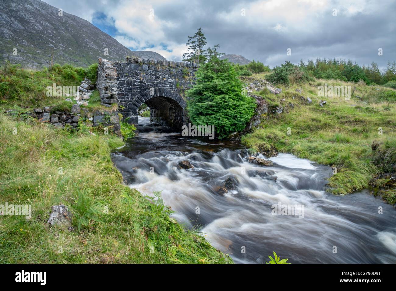 This image captures a charming stone bridge arching over a cascading ...