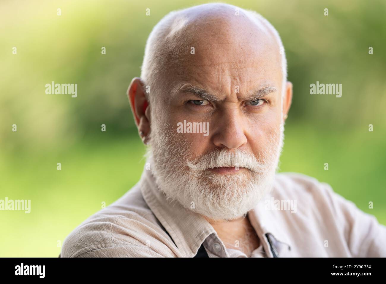 Middle-aged senior grandfather close up portrait. Grey hair white beard ...