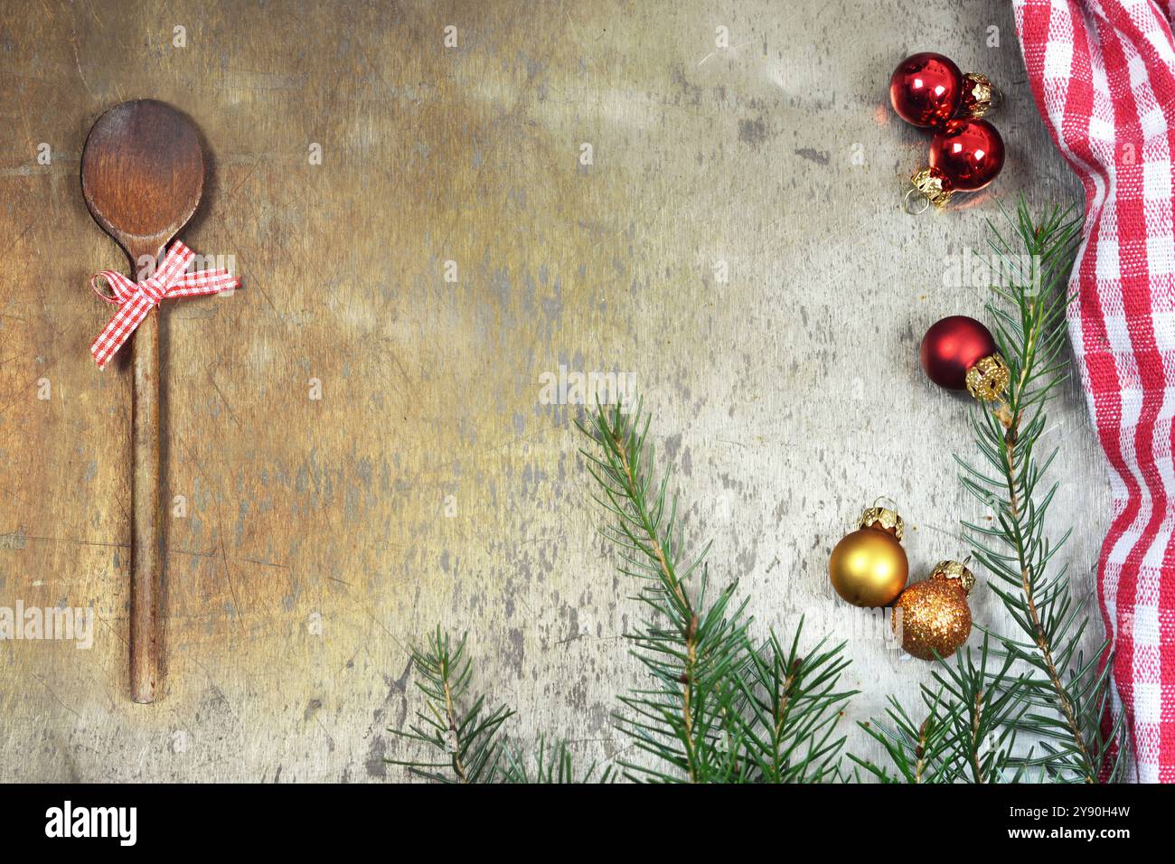 Rustic Christmas cooking background with wooden spoon and festive ...
