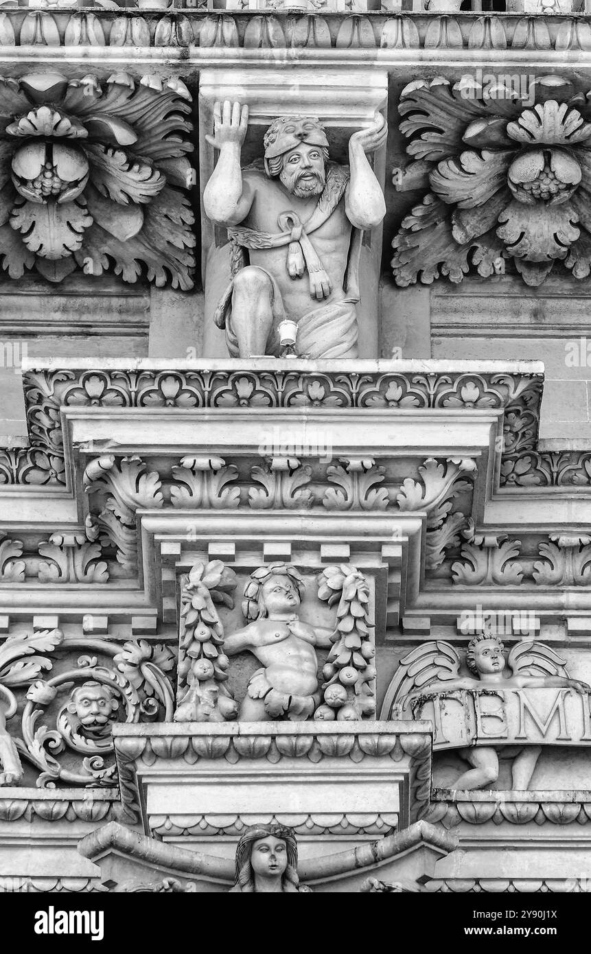 Sculpture on the facade of the Church of the Holy Cross in Lecce ...