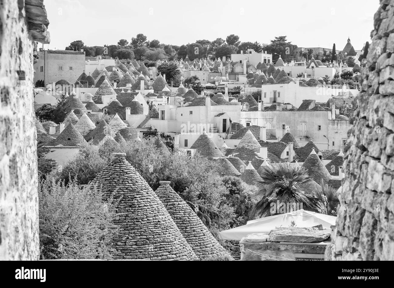 Scenic panoramic view of Alberobello town and its typical trulli ...