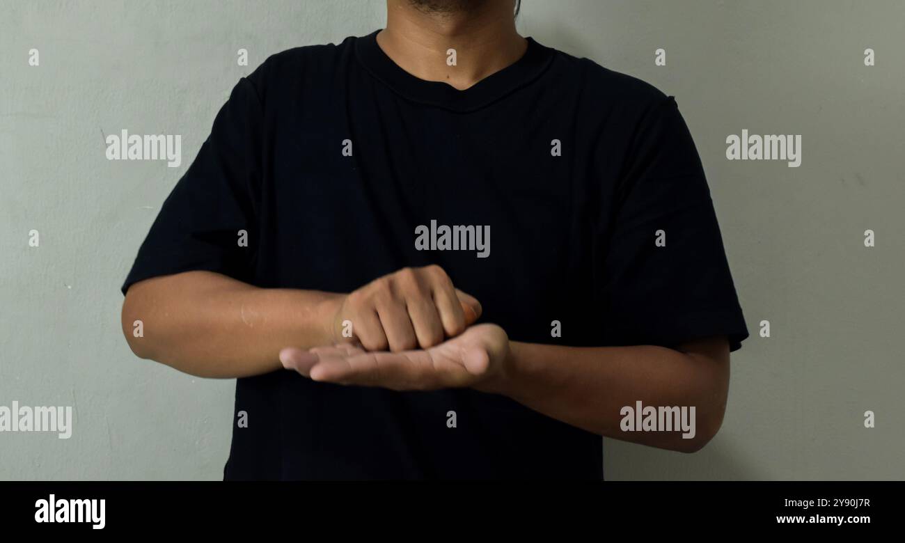 Close up Asian man shows hand gestures it means human emotion and ...