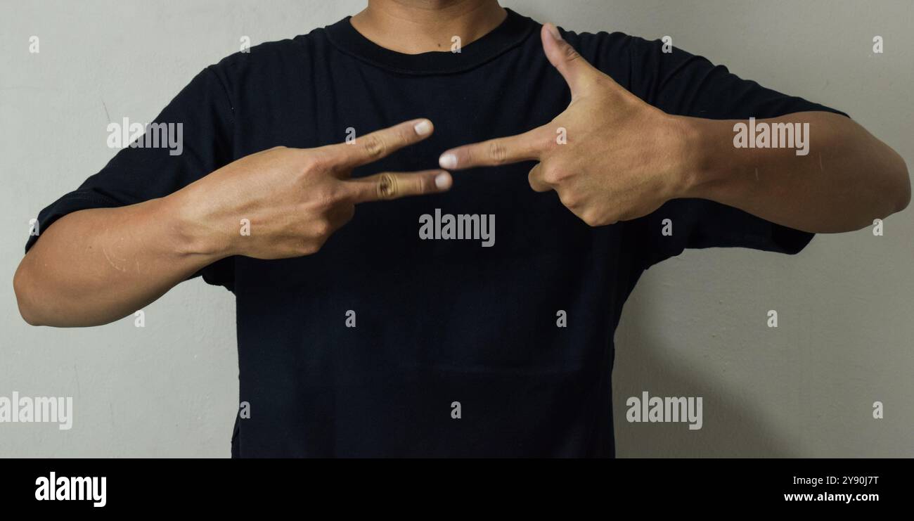 Close up Asian man shows hand gestures it means human emotion and ...