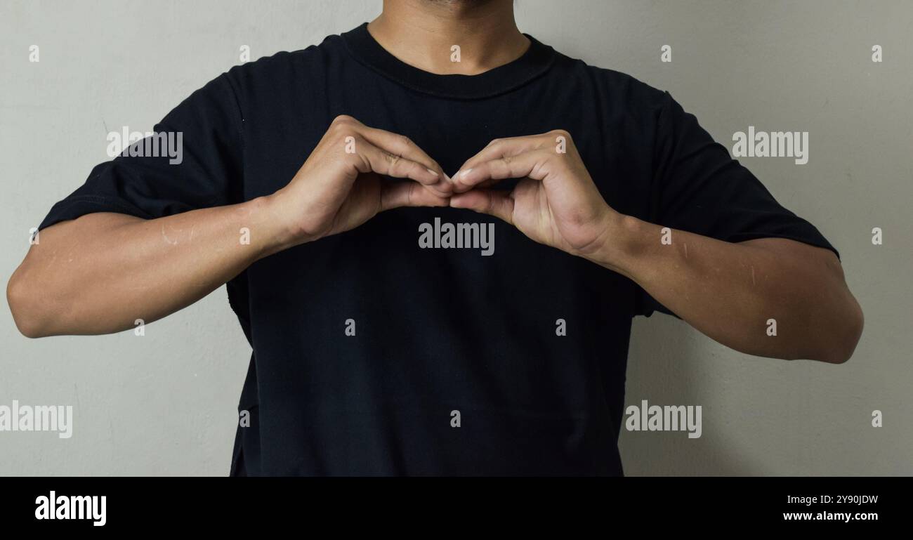 Close up Asian man shows hand gestures it means human emotion and ...