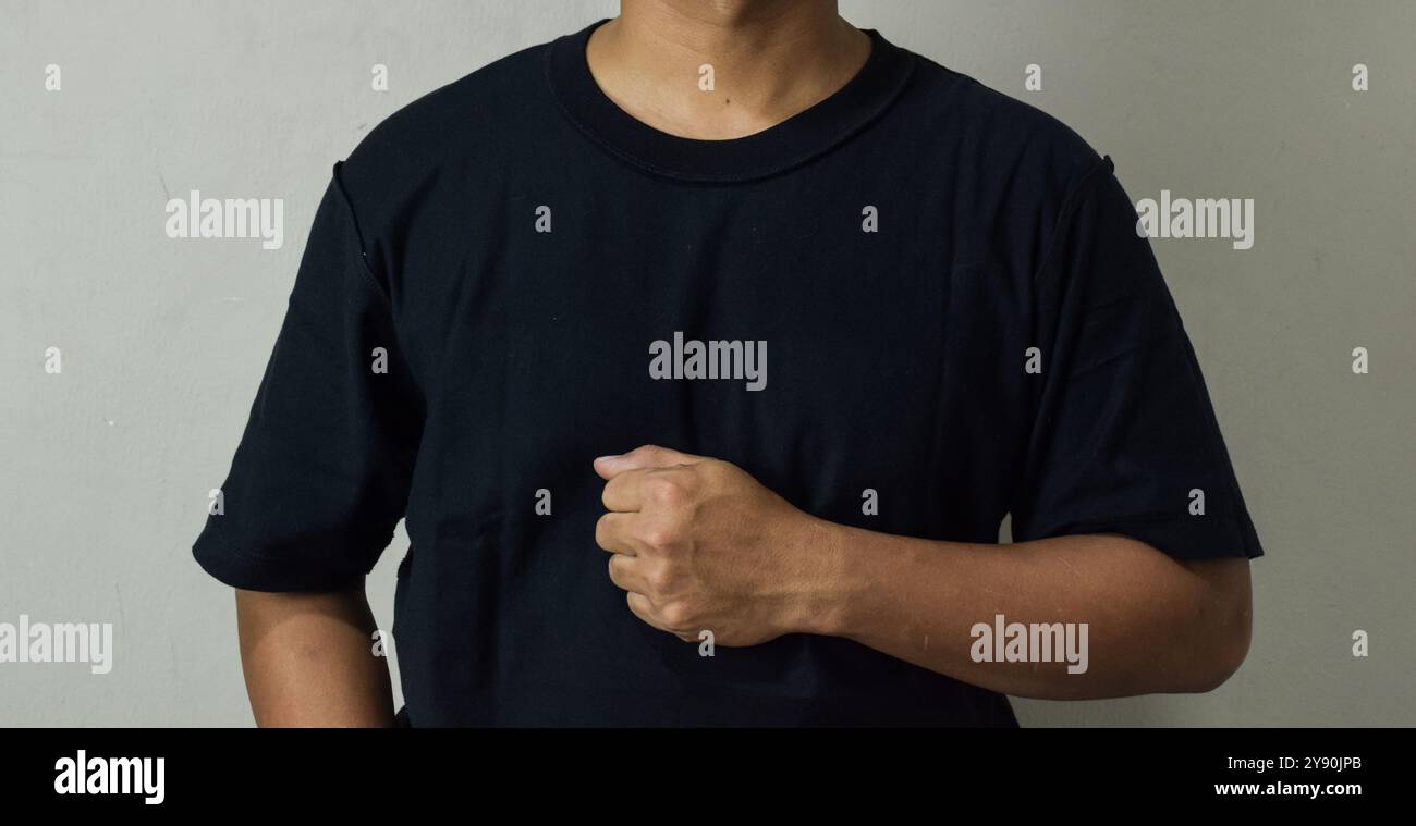Close up Asian man shows hand gestures it means human emotion and ...