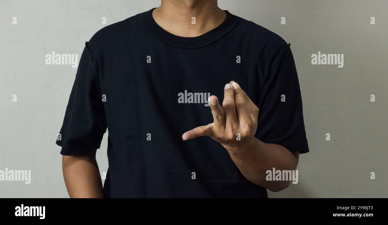 Close up Asian man shows hand gestures it means human emotion and ...