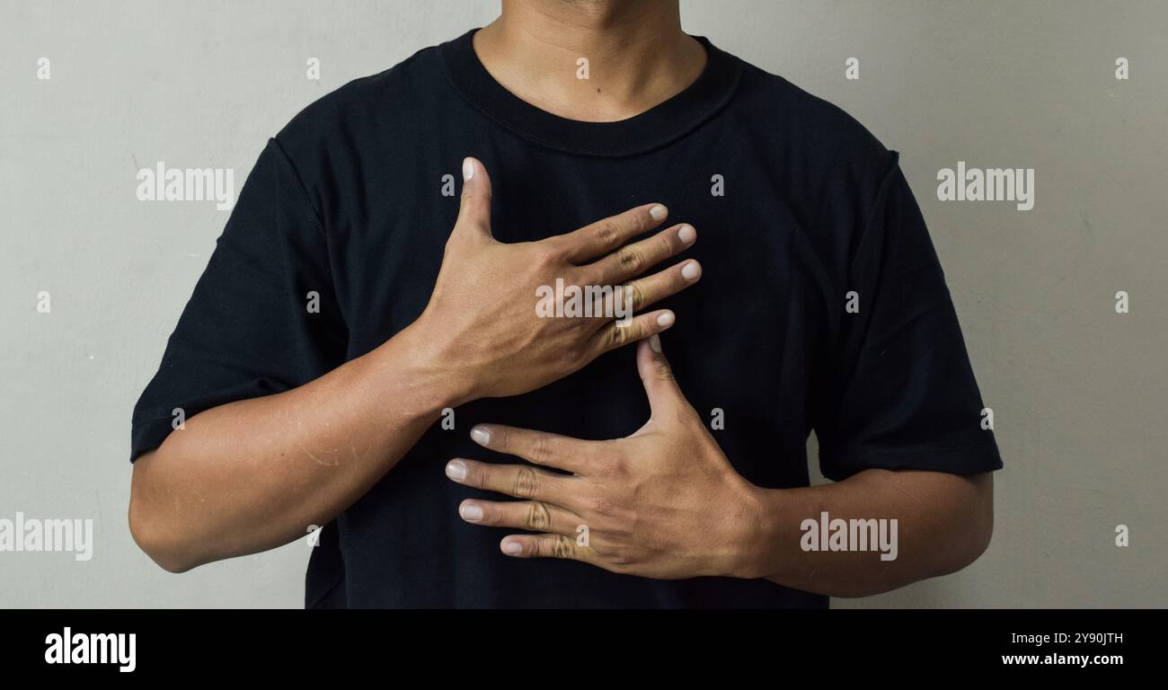 Close up Asian man shows hand gestures it means human emotion and ...