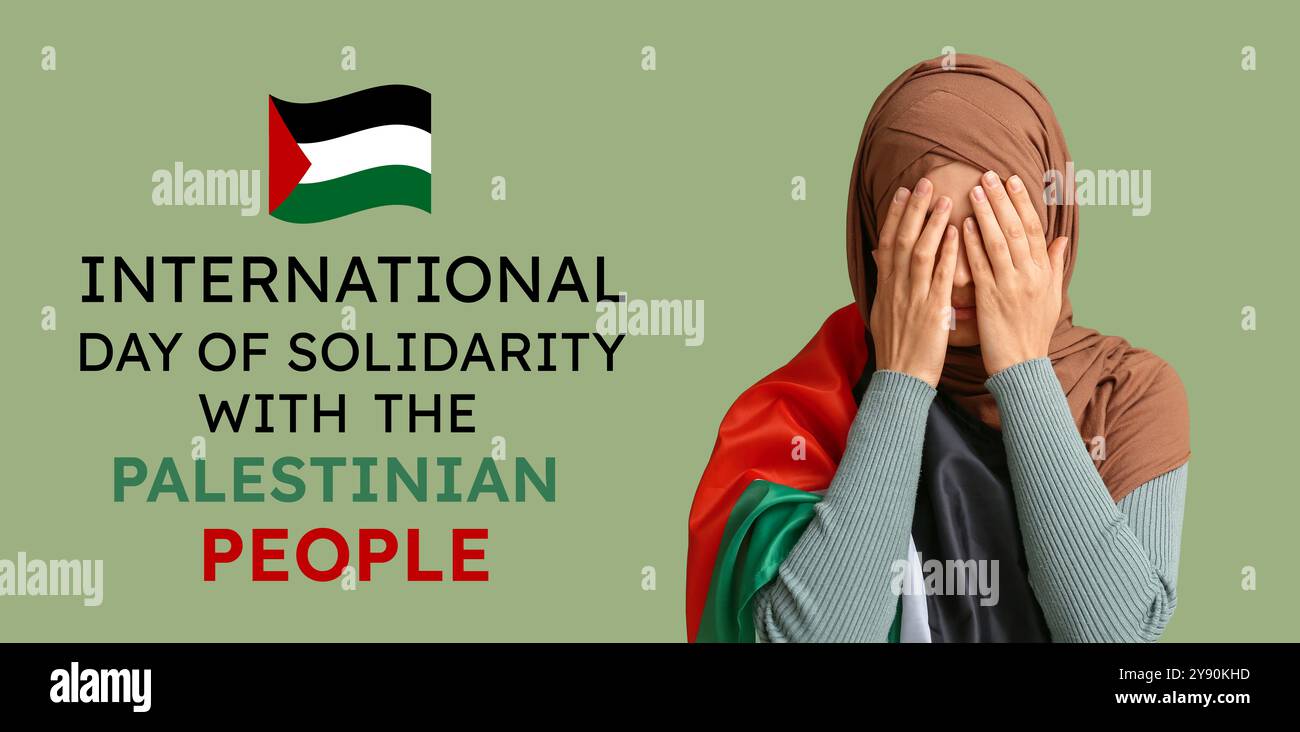 Crying Muslim woman on green background. Banner for International Day ...