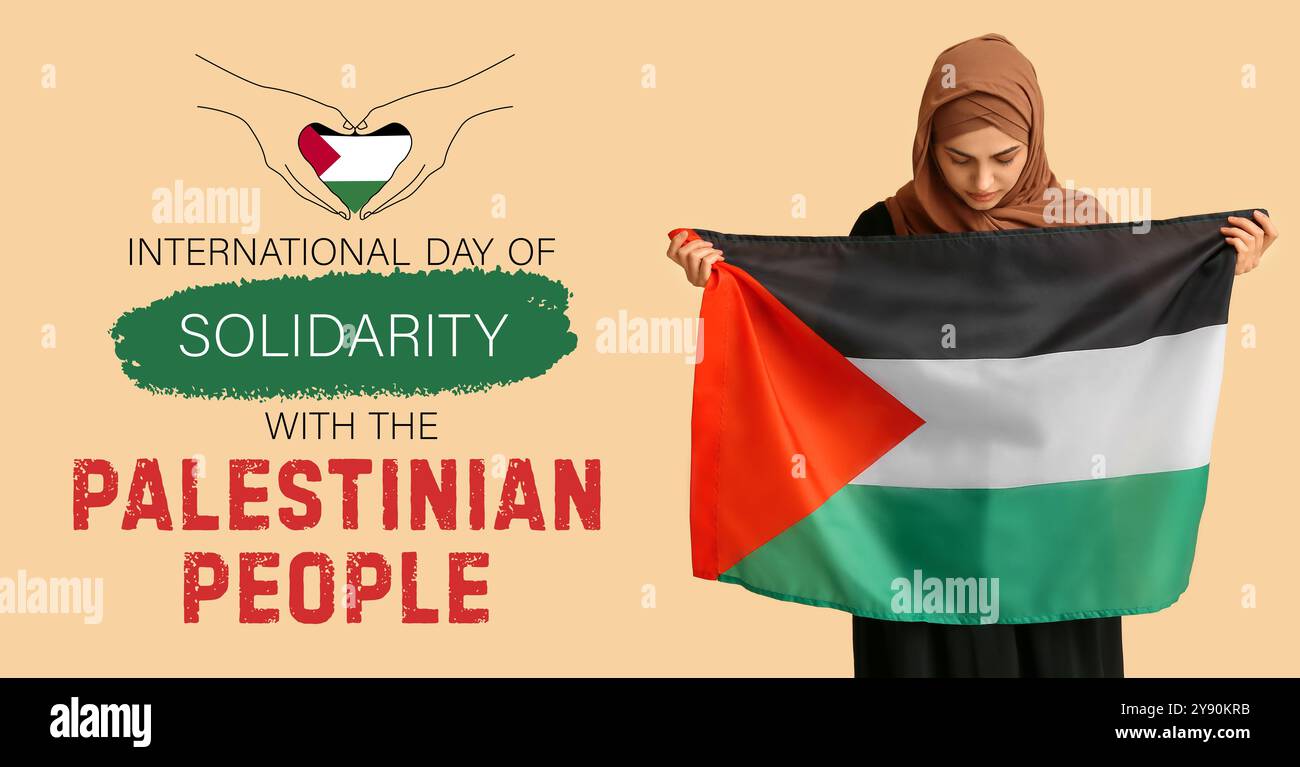Young Muslim woman holding flag on beige background. Banner for ...