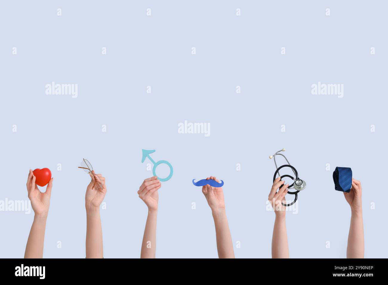 Female hands with heart, male sign, mustache and stethoscope on white ...
