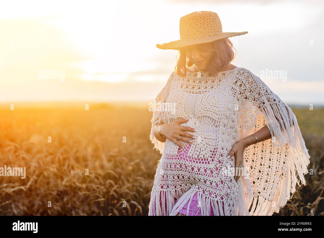 Beautiful Hippie Pregnant Woman With Baby Bump Belly On Nature ...