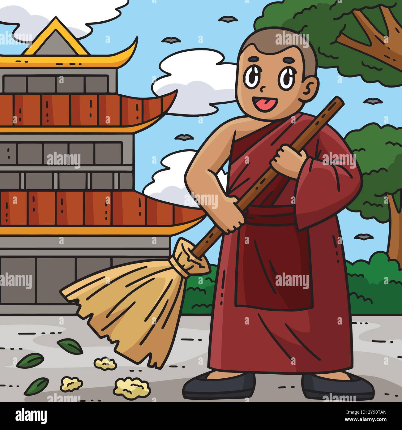 Buddhism Buddhist Monk Cleaning Colored Cartoon Stock Vector Image ...