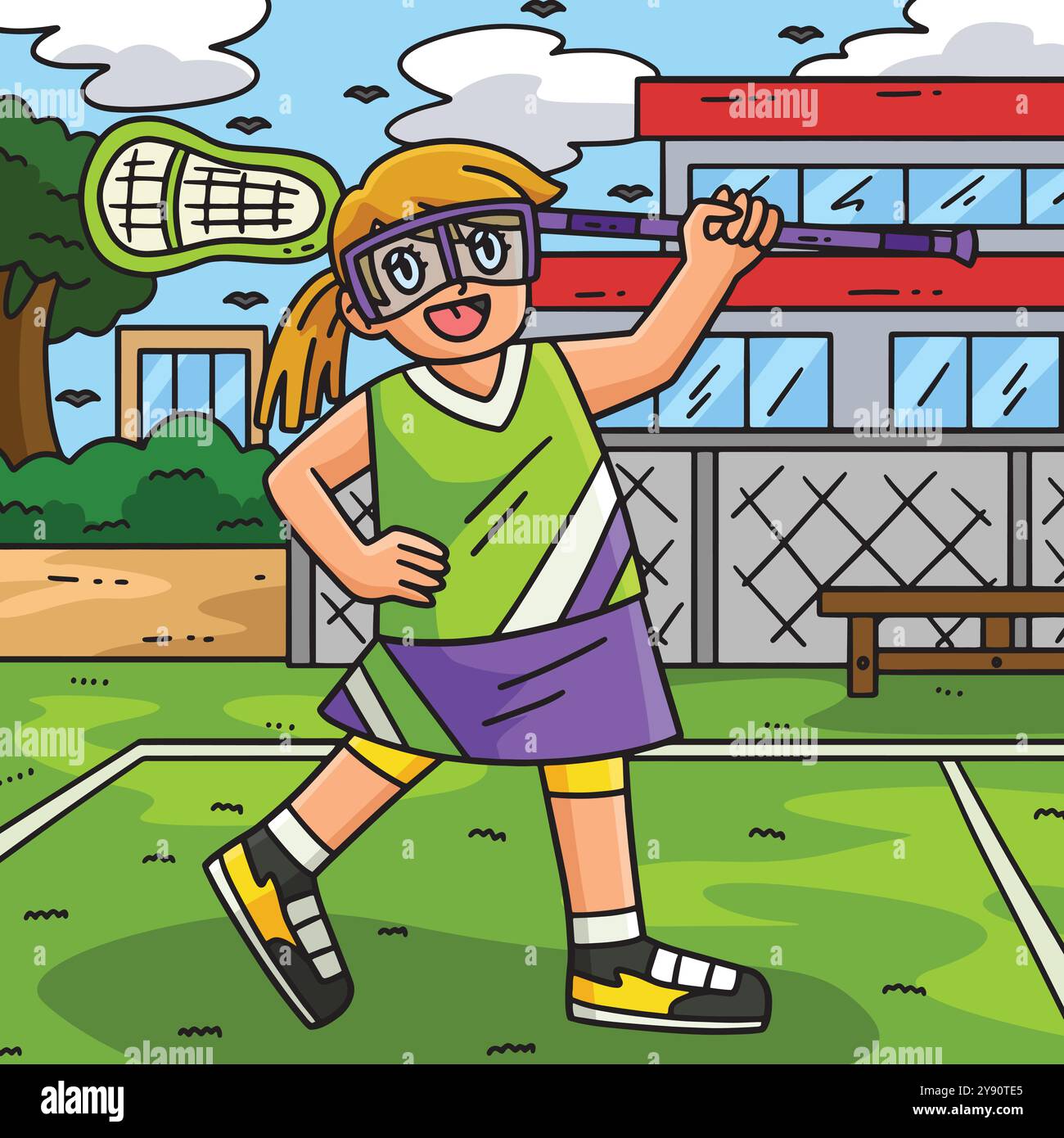 Female Player with Lacrosse Stick Colored Cartoon Stock Vector Image ...