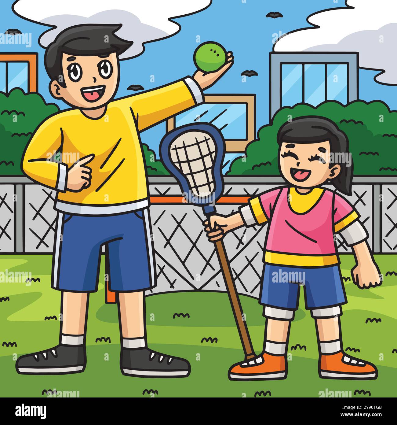 Dad Teaching Daughter Lacrosse Colored Cartoon Stock Vector Image & Art ...