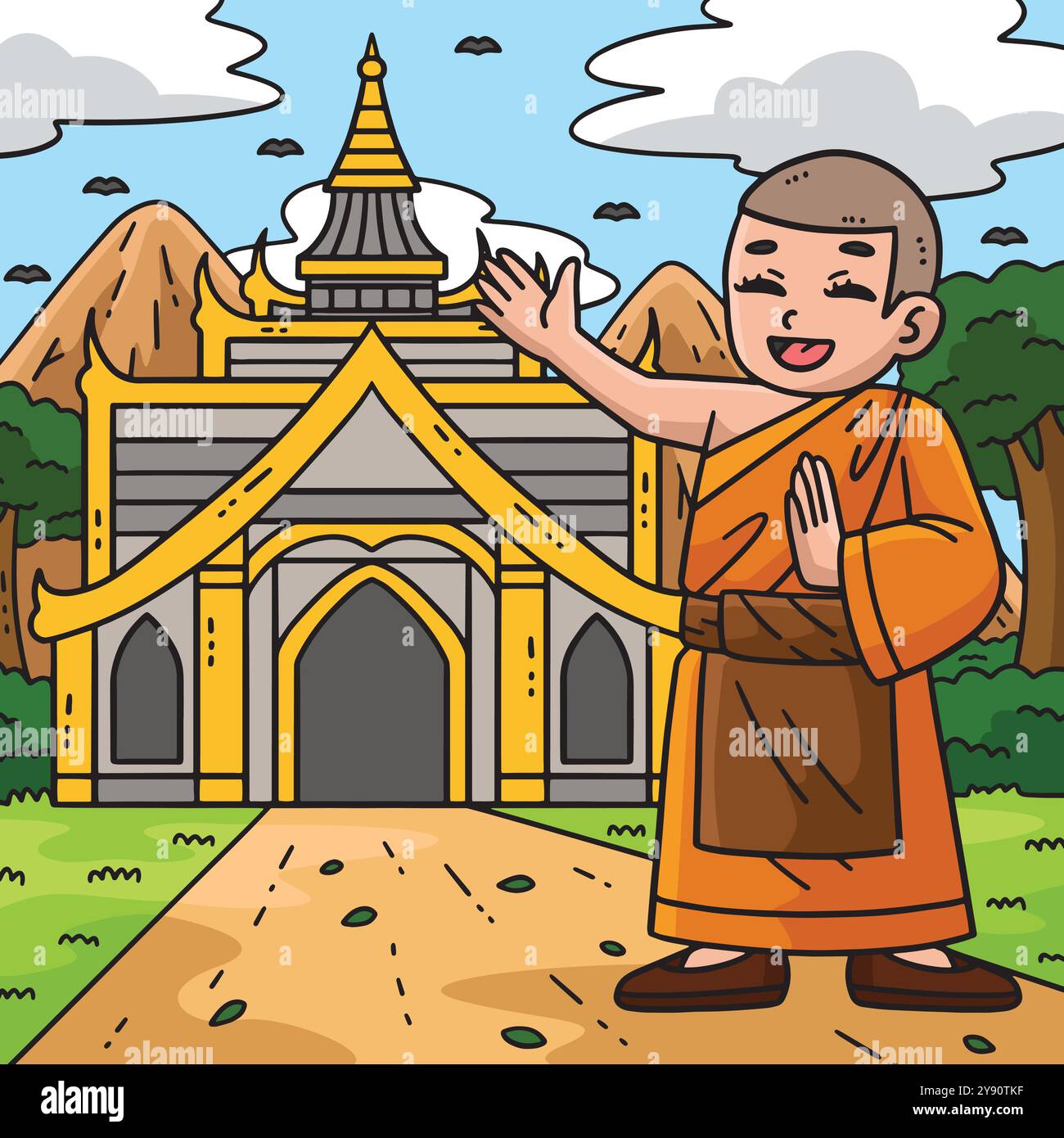 Buddhism Buddhist Monk and Temple Colored Cartoon Stock Vector Image ...