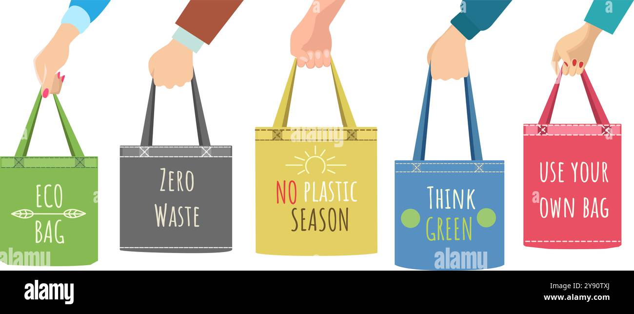 Hand drawn zero waste bags. Hands holding reusable bag without plastic ...