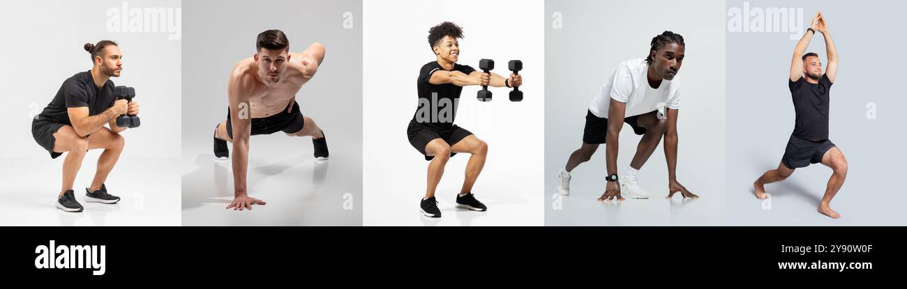 Group of people doing different strength training exercises indoors ...